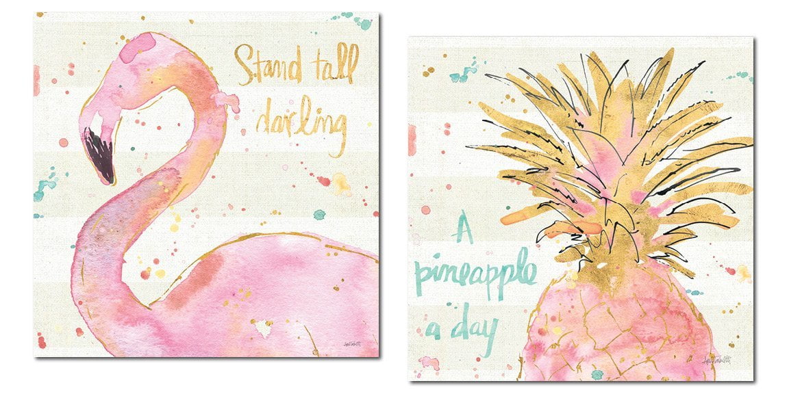 Tropical Hot Pink and Gold Watercolor Flamingo and Pineapple "Stand ...