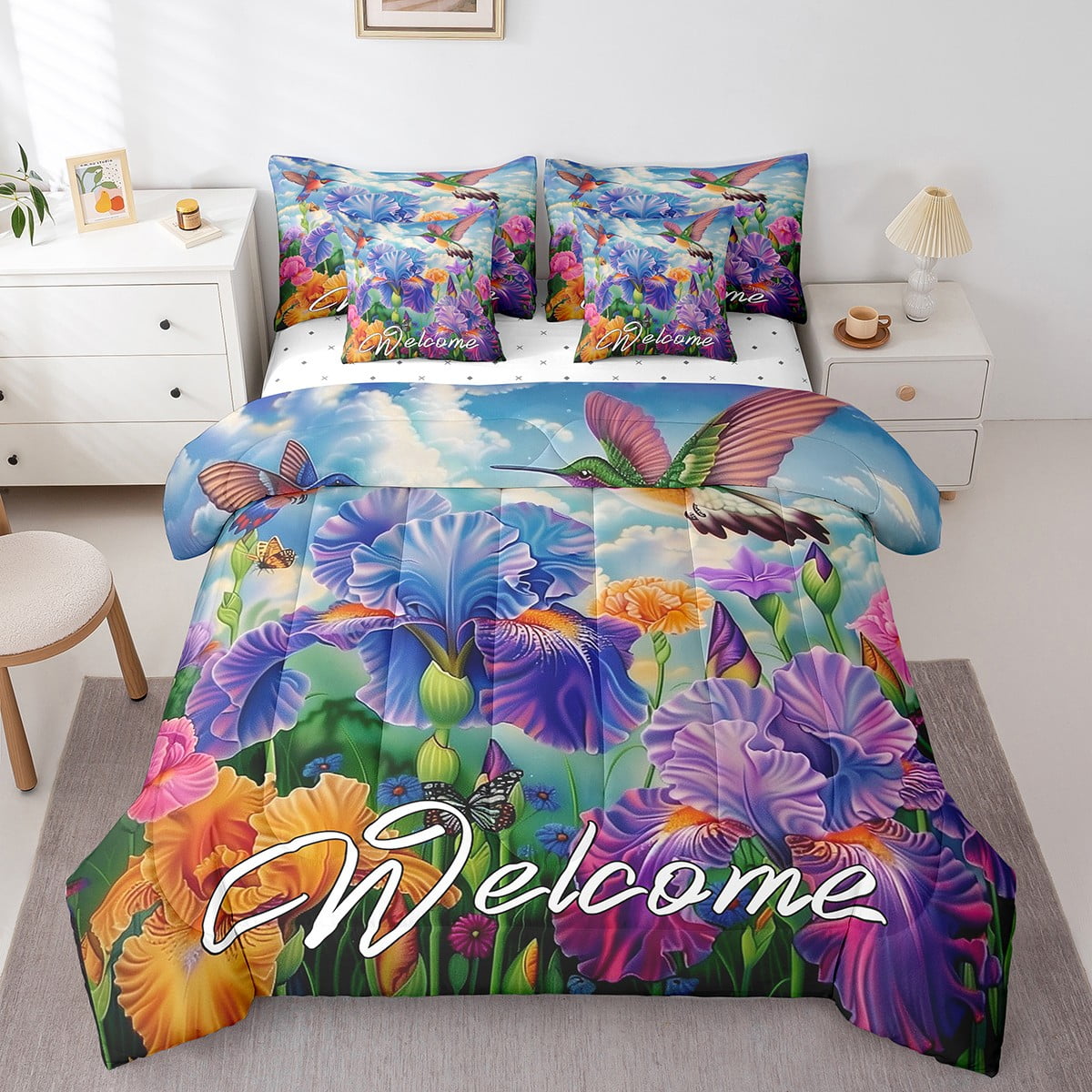 Tropical Hummingbird Bedding Sets Full Purple Iris Flower Comforter Set ...