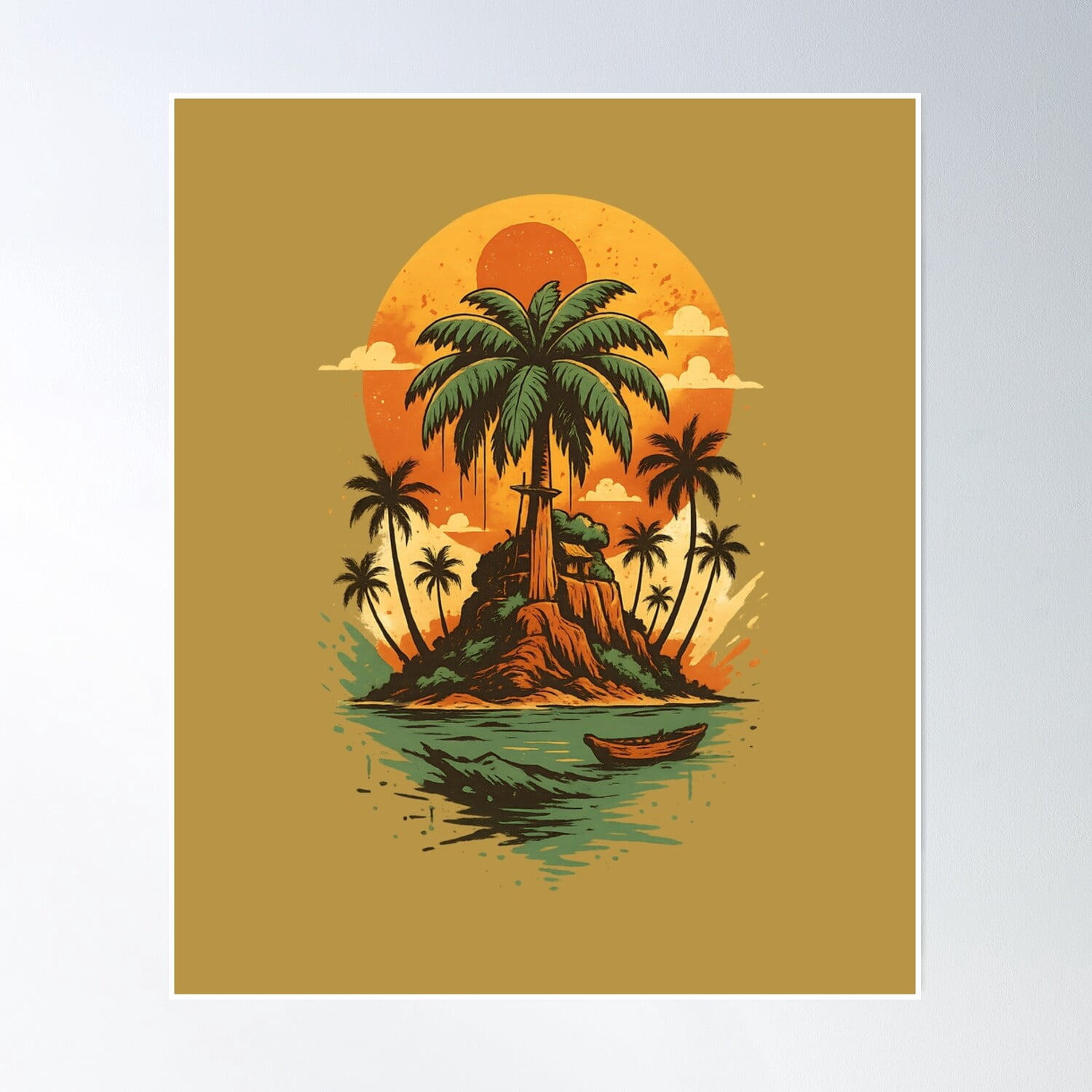 Tropical Island Adventure | Retro Sunset Beach Art With Palms & Boat ...