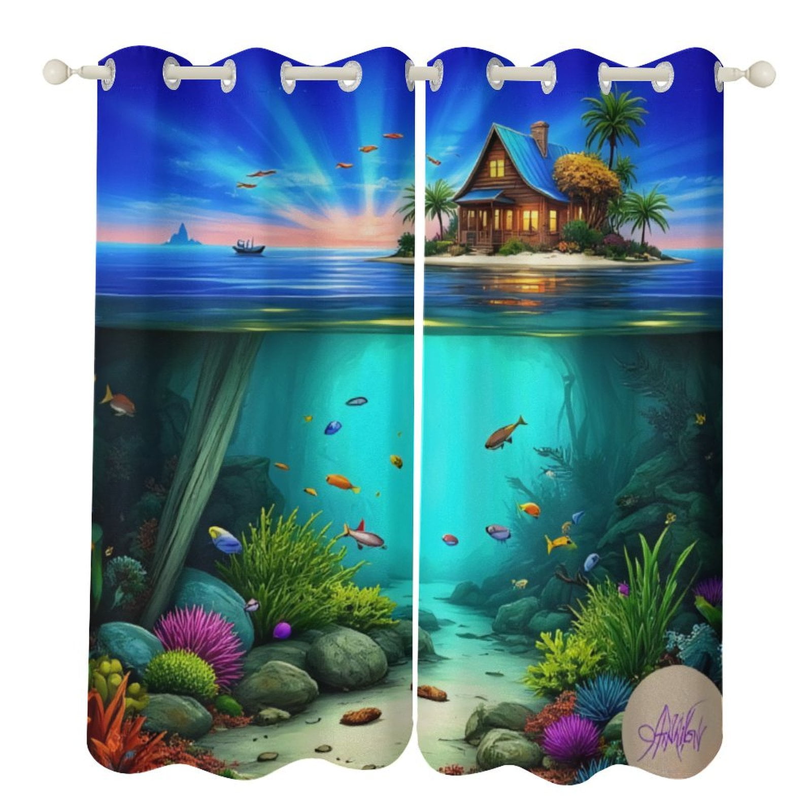 Tropical Island And Underwater Life Luxury Window Curtains Blinds for ...