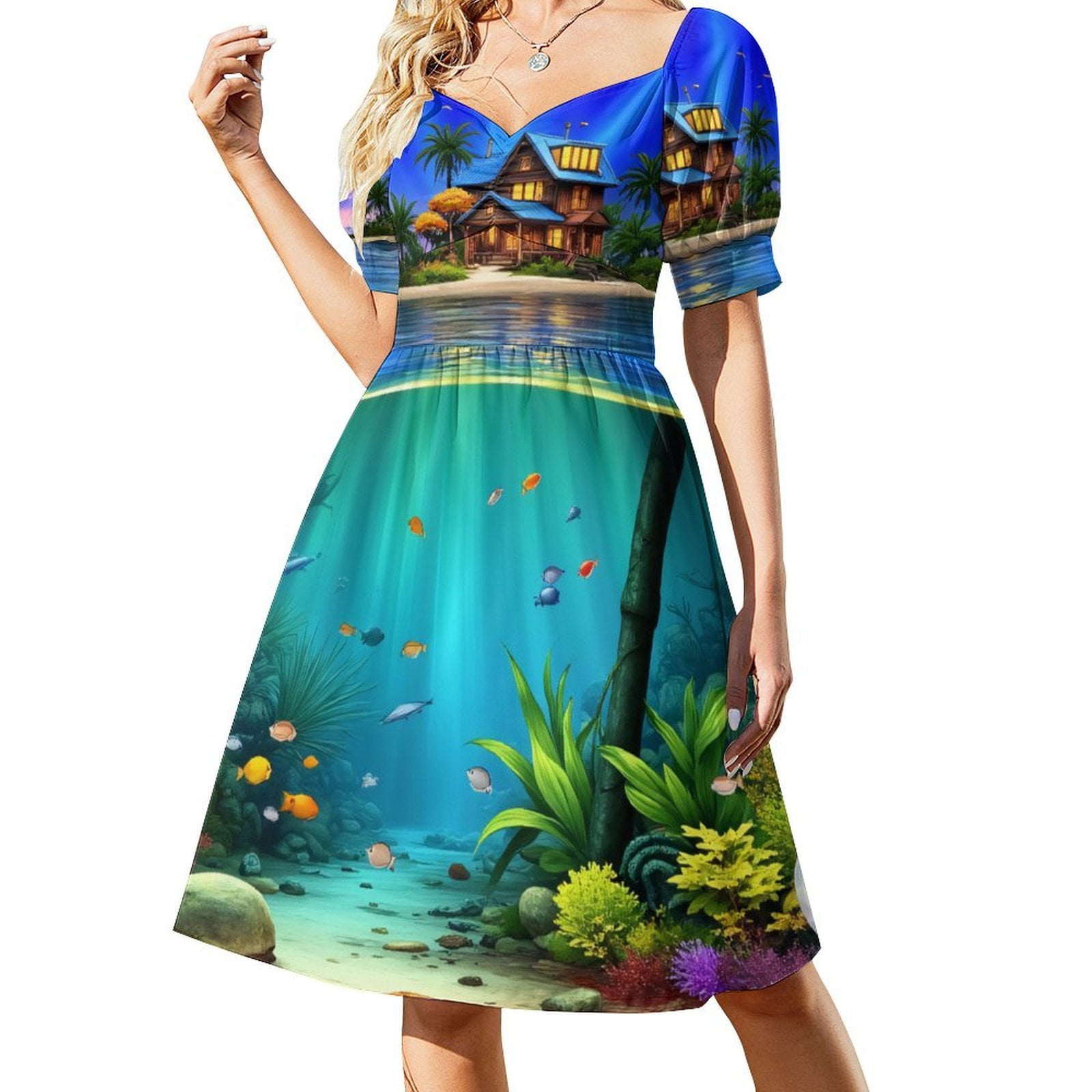 Tropical Island And Underwater Scene Summer Women's Dress 2025 Elegant ...