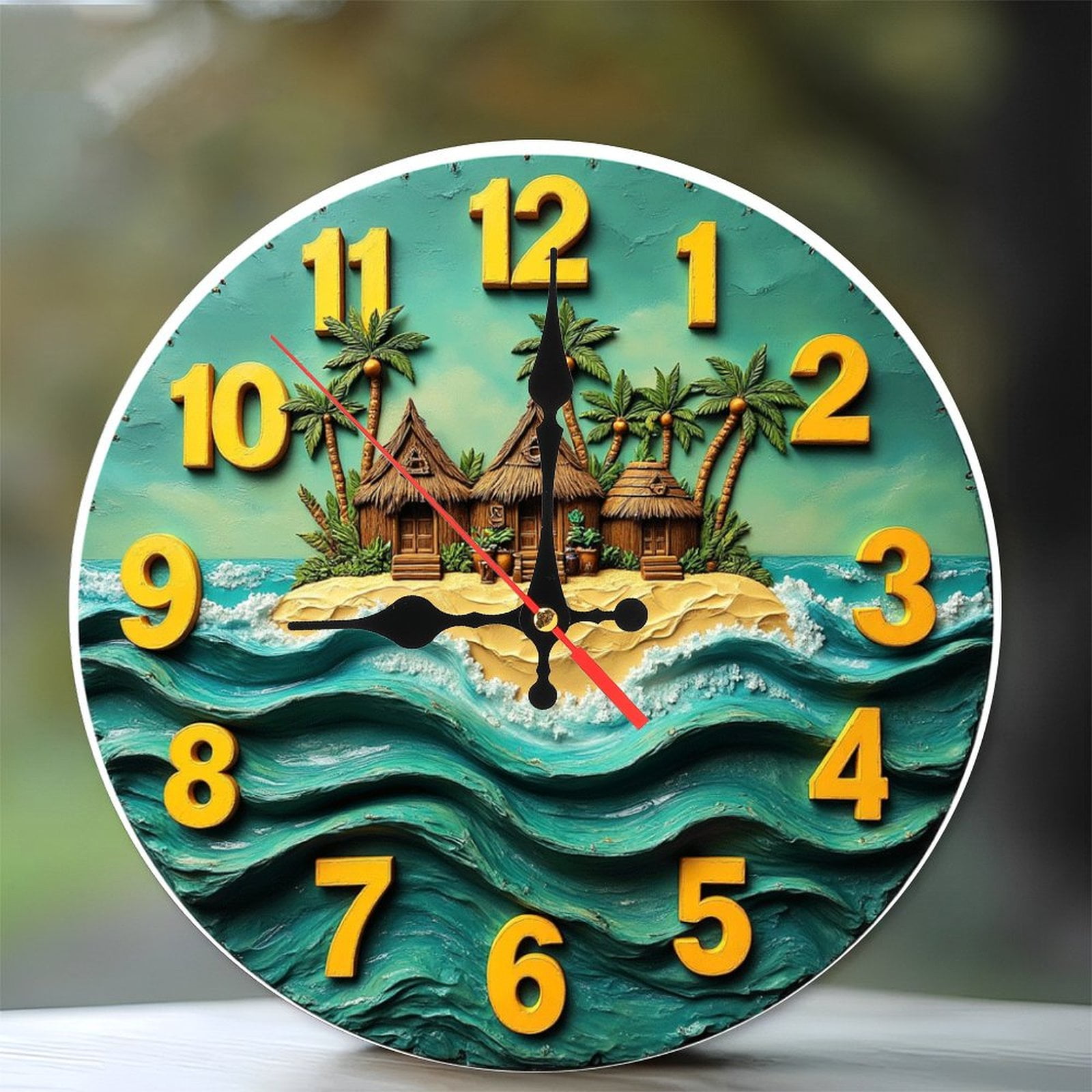 Tropical Island Beach Hut Ocean Wave Resin Wall Clock 10-Inch Silent ...