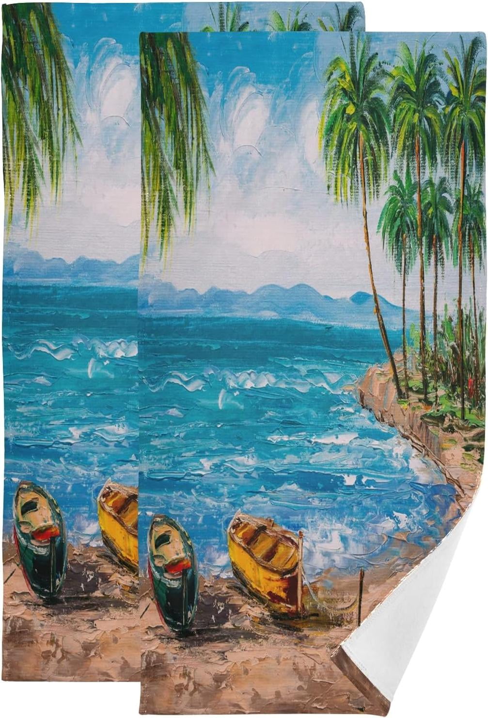 Tropical Island Beach Kitchen Hand Towels 2 PCS, Paradise Oil Painting ...