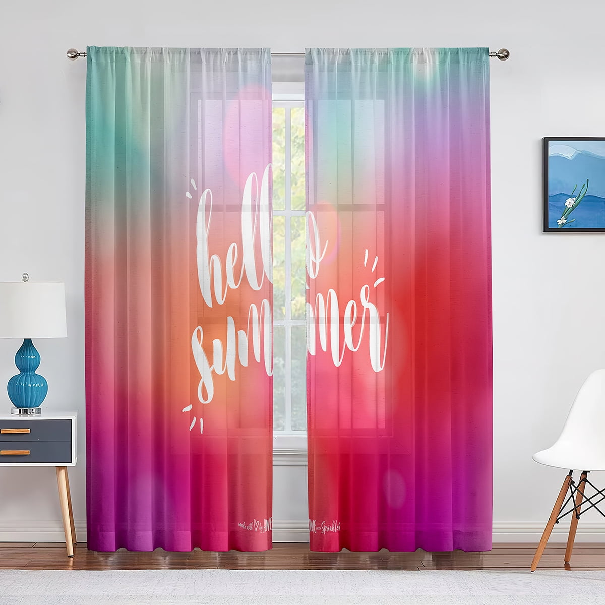 Tropical Island Beach Theme Palm Leaf and Sea Tulle Curtains for Living ...