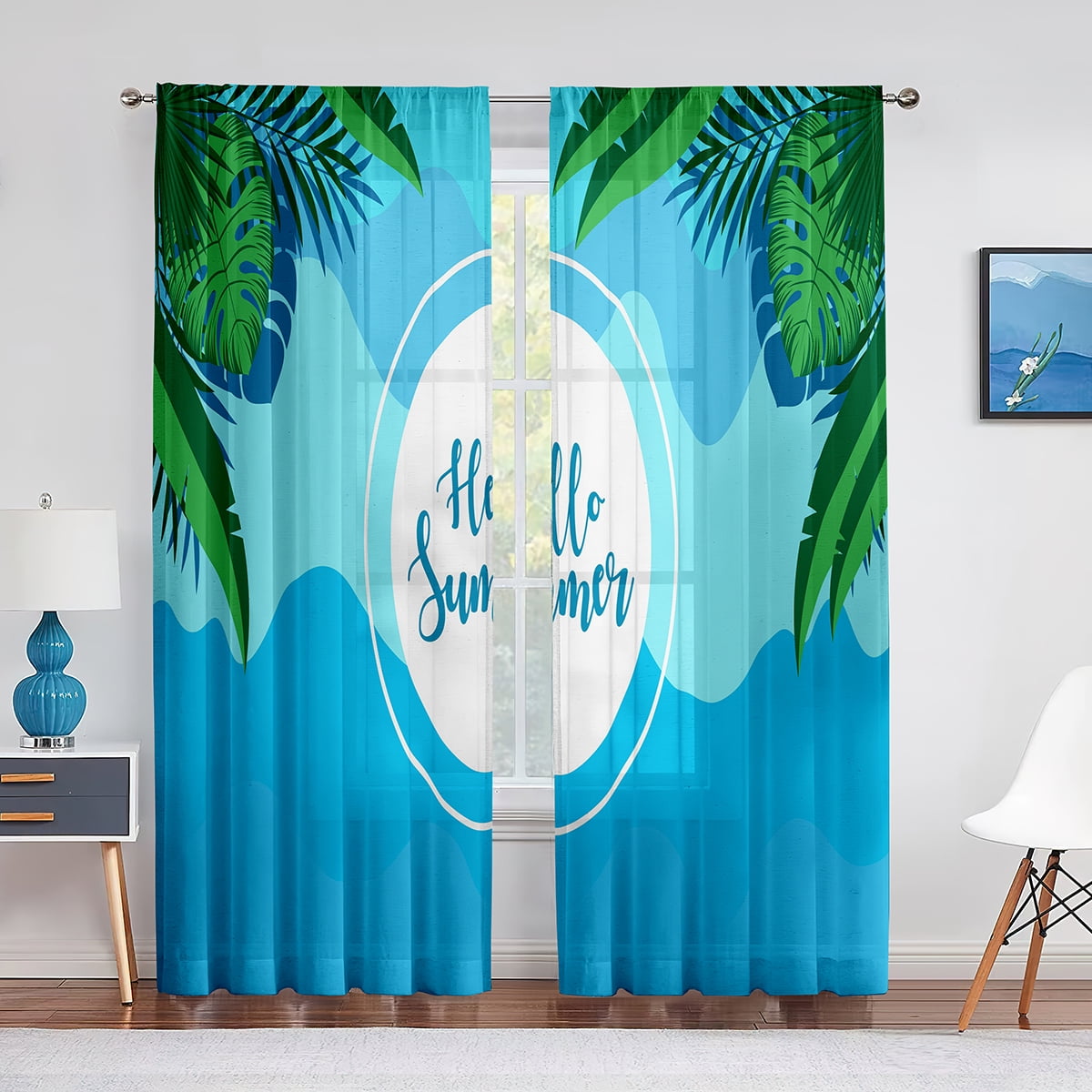 Tropical Island Beach Theme Palm Leaf and Sea Tulle Curtains for Living ...