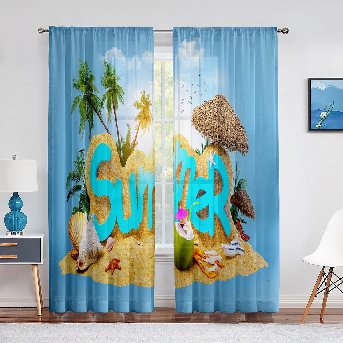 Tropical Island Beach Theme Palm Leaf and Sea Tulle Curtains for Living ...