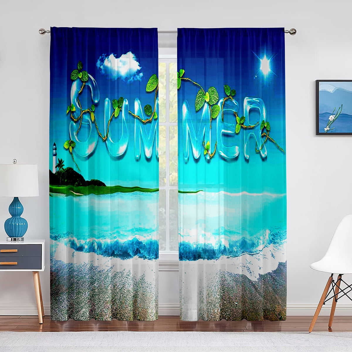 Tropical Island Beach Theme Palm Leaf and Sea Tulle Curtains for Living ...