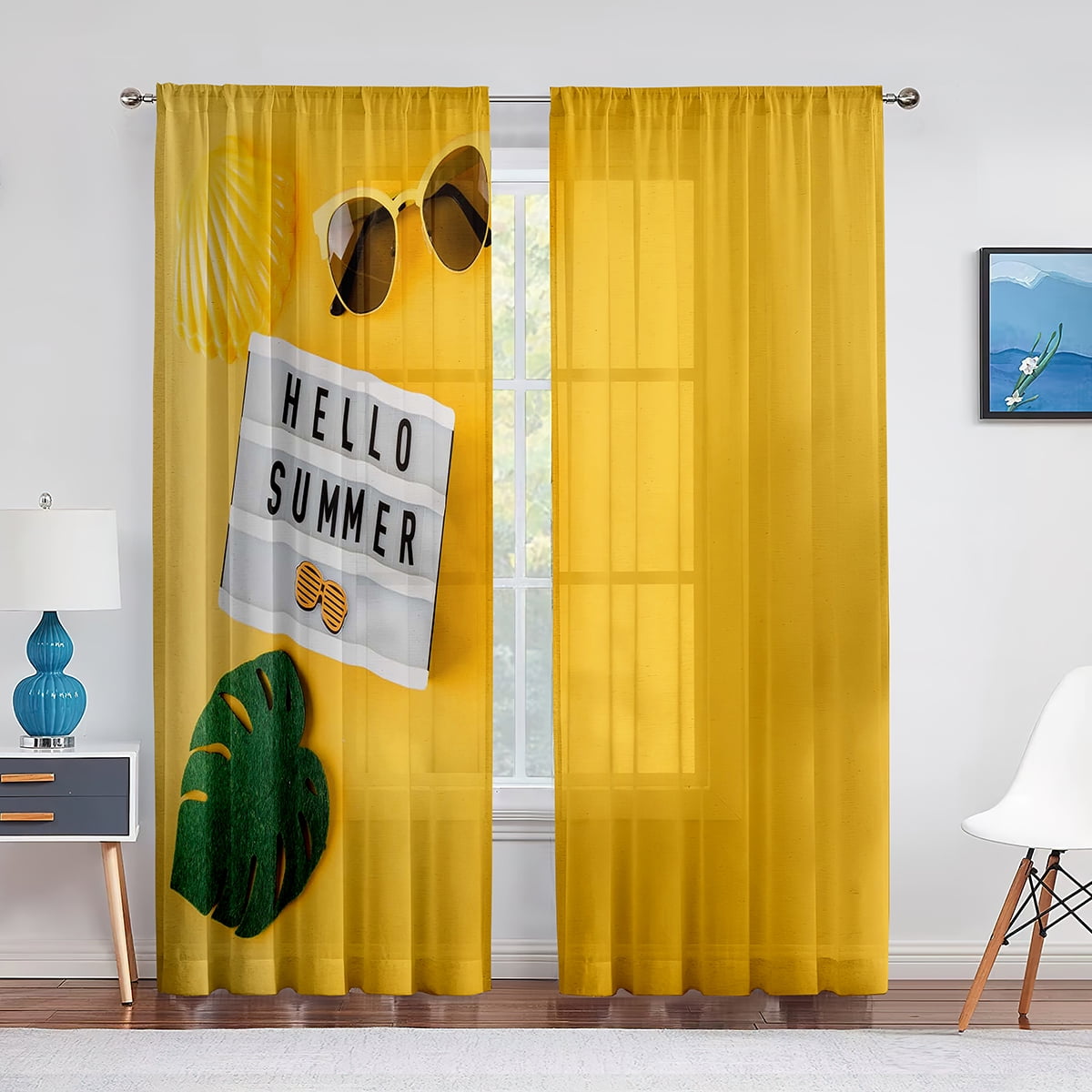 Tropical Island Beach Theme Palm Leaf and Sea Tulle Curtains for Living ...