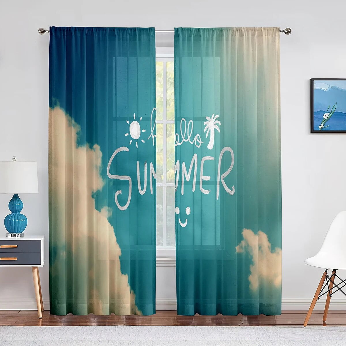 Tropical Island Beach Theme Palm Leaf and Sea Tulle Curtains for Living ...