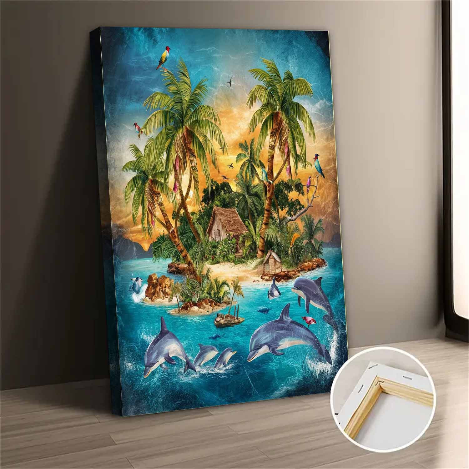 Tropical Island Canvas Wall Art Print, Dolphin, Palm Trees, Beach ...