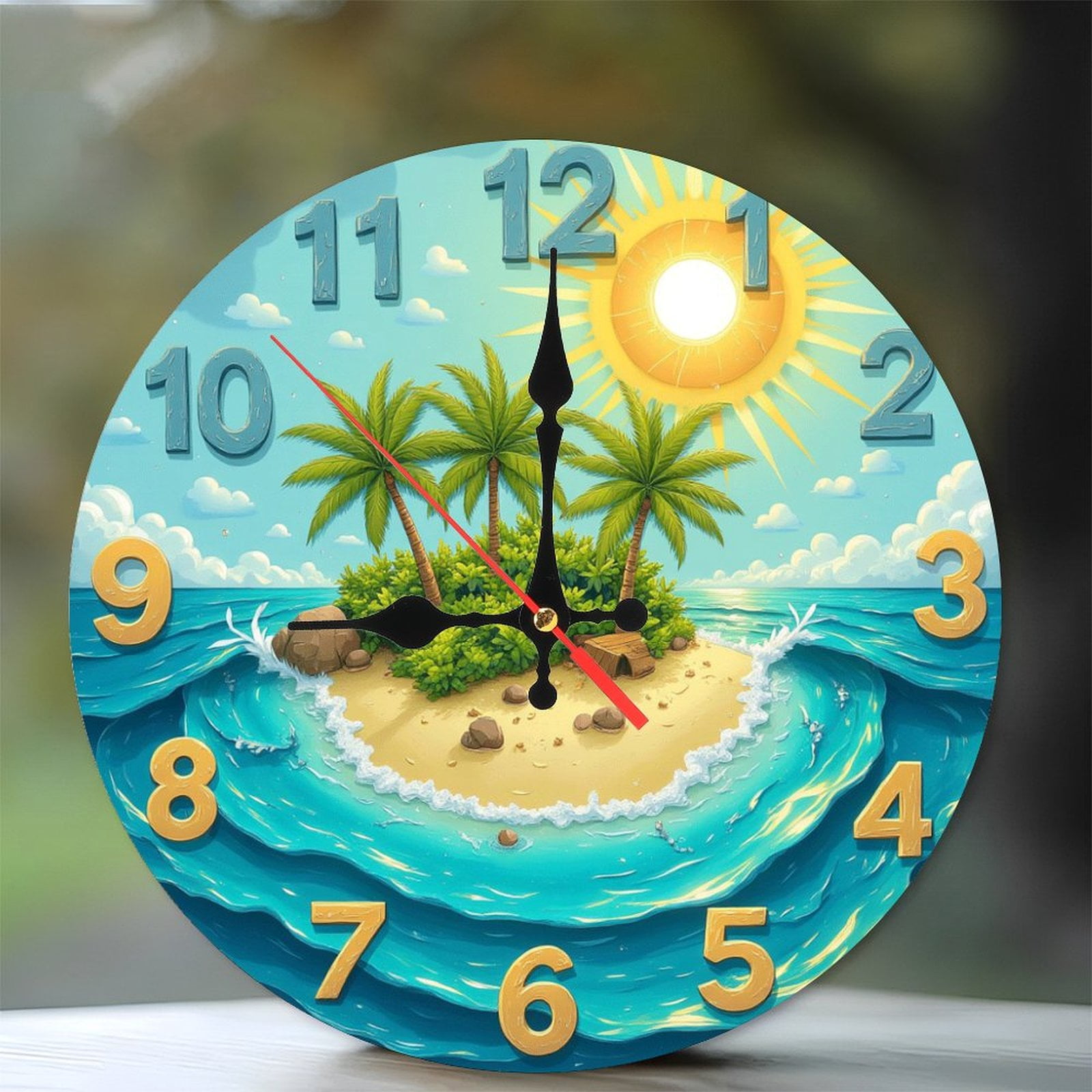 Tropical Island Clock Wall Decor Ocean Beach Summer Sun 10-Inch Silent ...