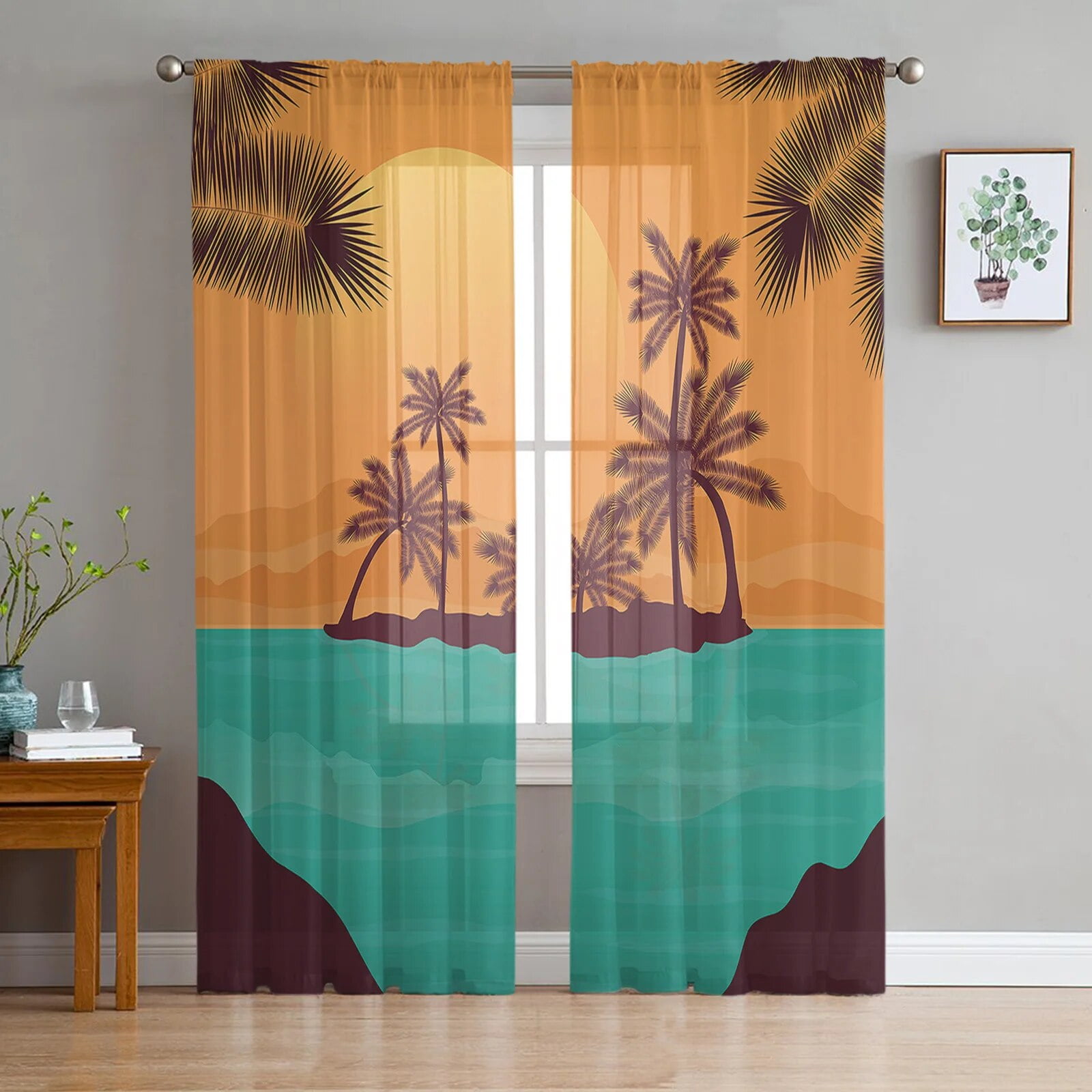 Tropical Island Coconut Tree Sun Tulle Curtains for Living Room Bedroom ...