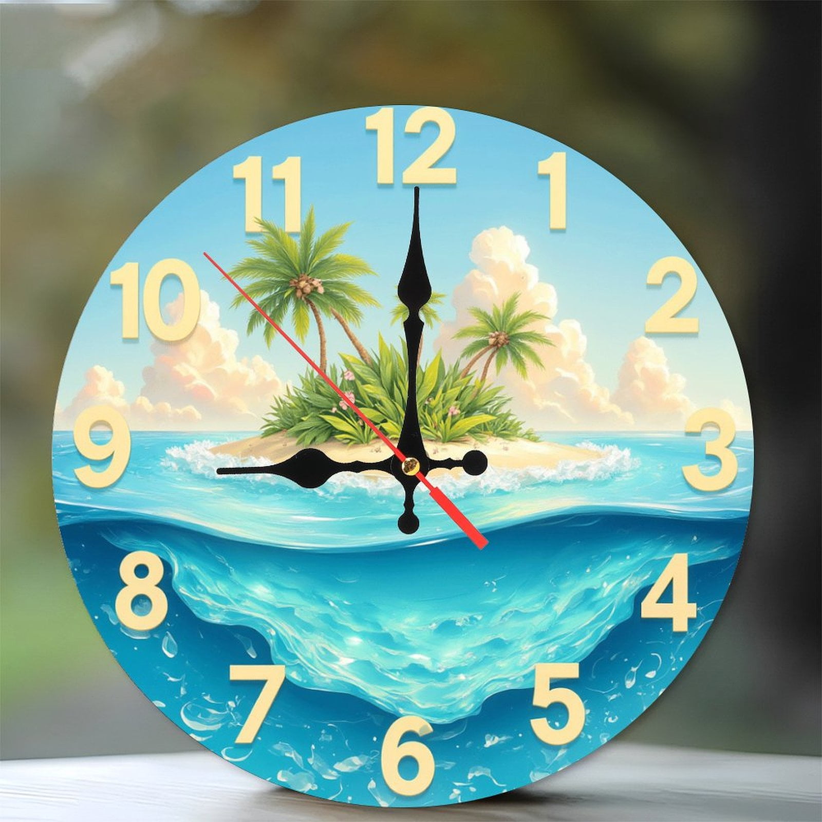 Tropical Island Ocean Beach Clock Wall Decor 10-Inch Silent Wooden Wall ...