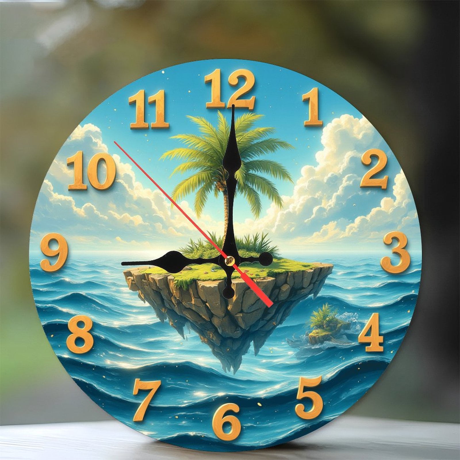 Tropical Island Ocean Palm Tree Clock Wall Decor 10-Inch Silent Wooden ...