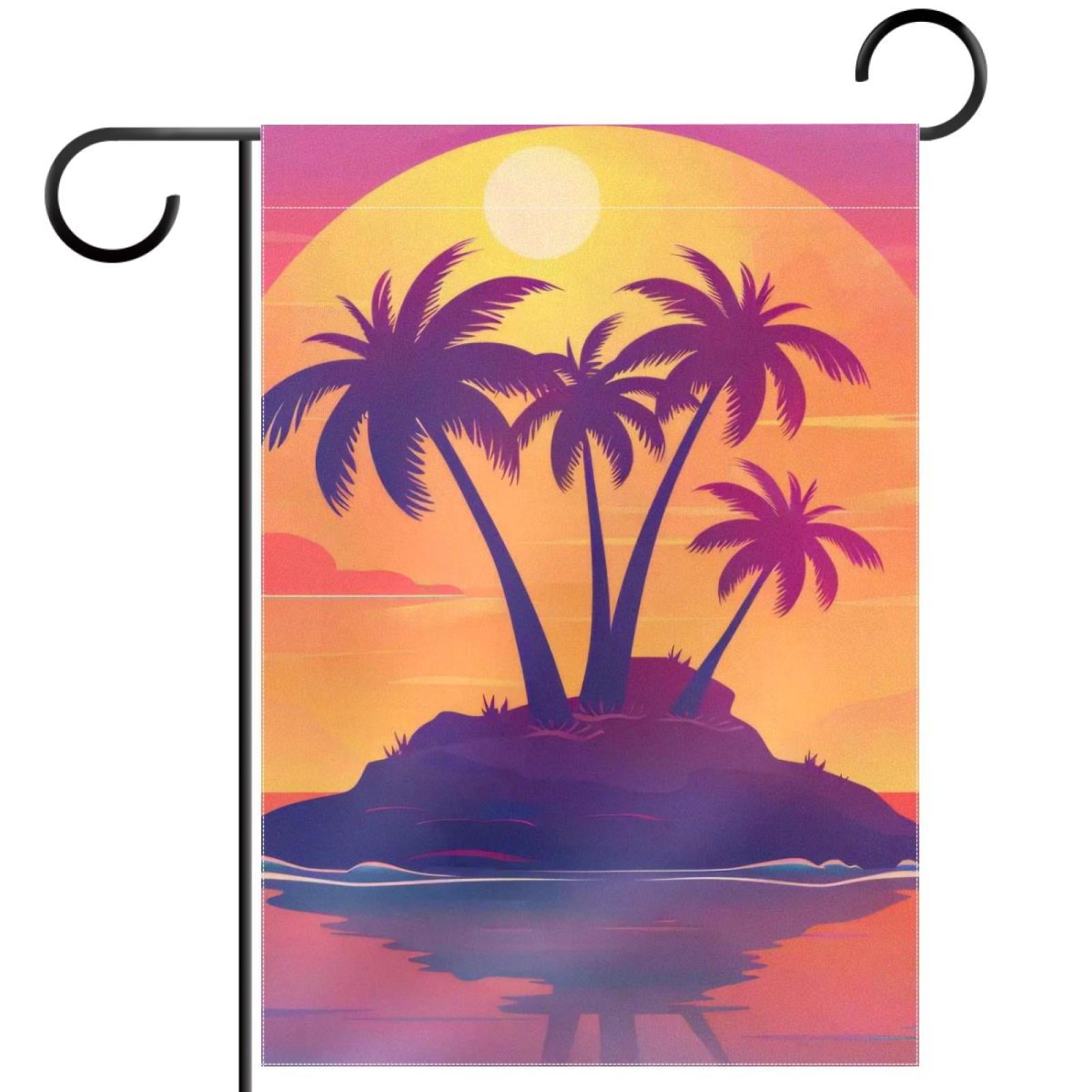 Tropical Island and Palm Trees on Sunset Background Double Sided Garden ...
