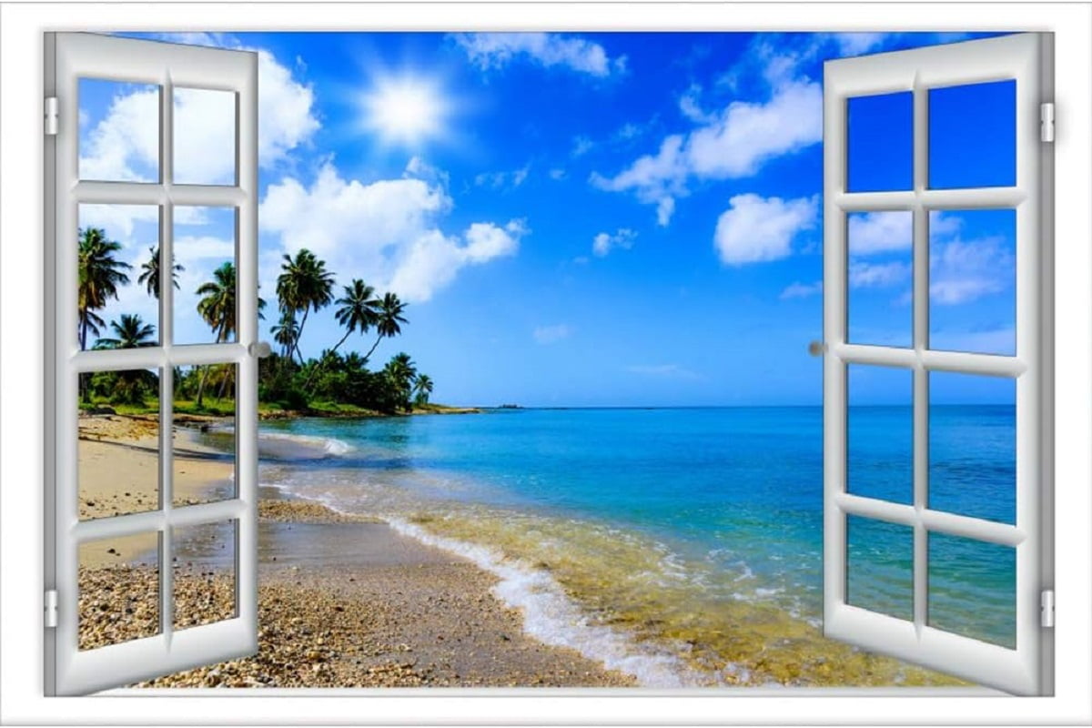 Tropical Island Photography Backdrop Window View Coconut Trees Sea ...