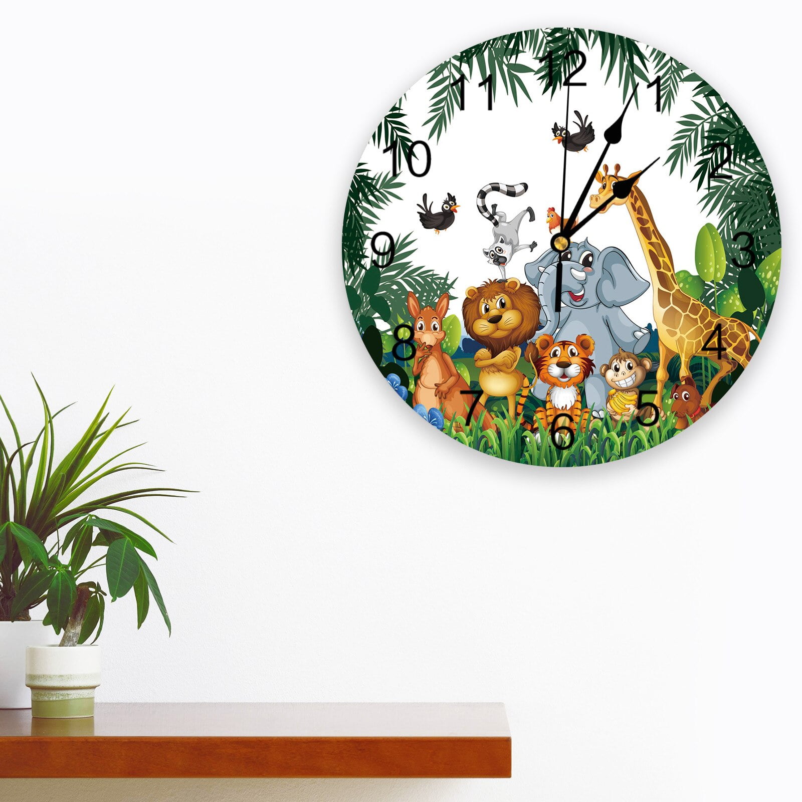 Tropical Jungle Cartoon Animal Giraffe Elephant Round Wall Clock for ...