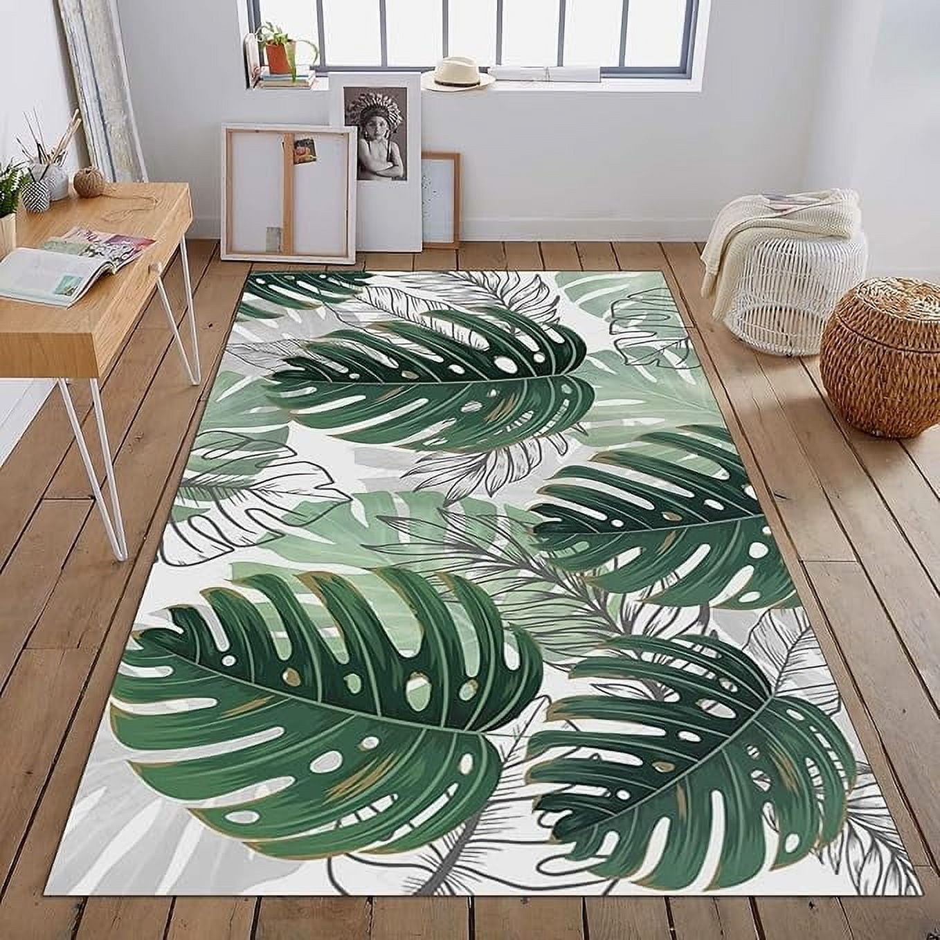 Tropical Jungle Gold Area Rug, Emerald Green Banana Leaf Printed Rugs ...
