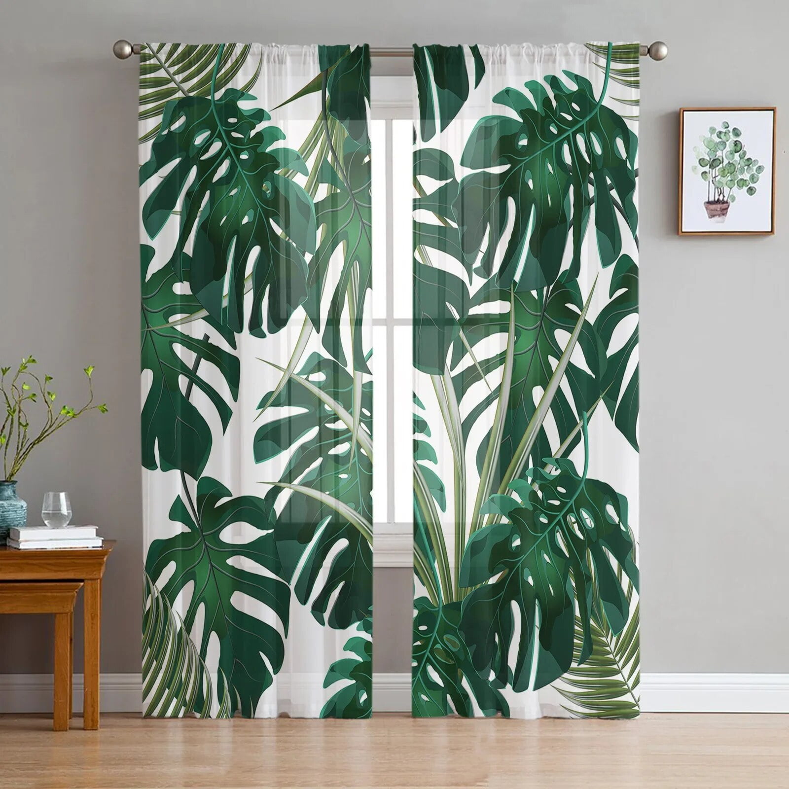 Tropical Jungle Green Plant Flowers Leaves Tulle Sheer Window Curtains ...