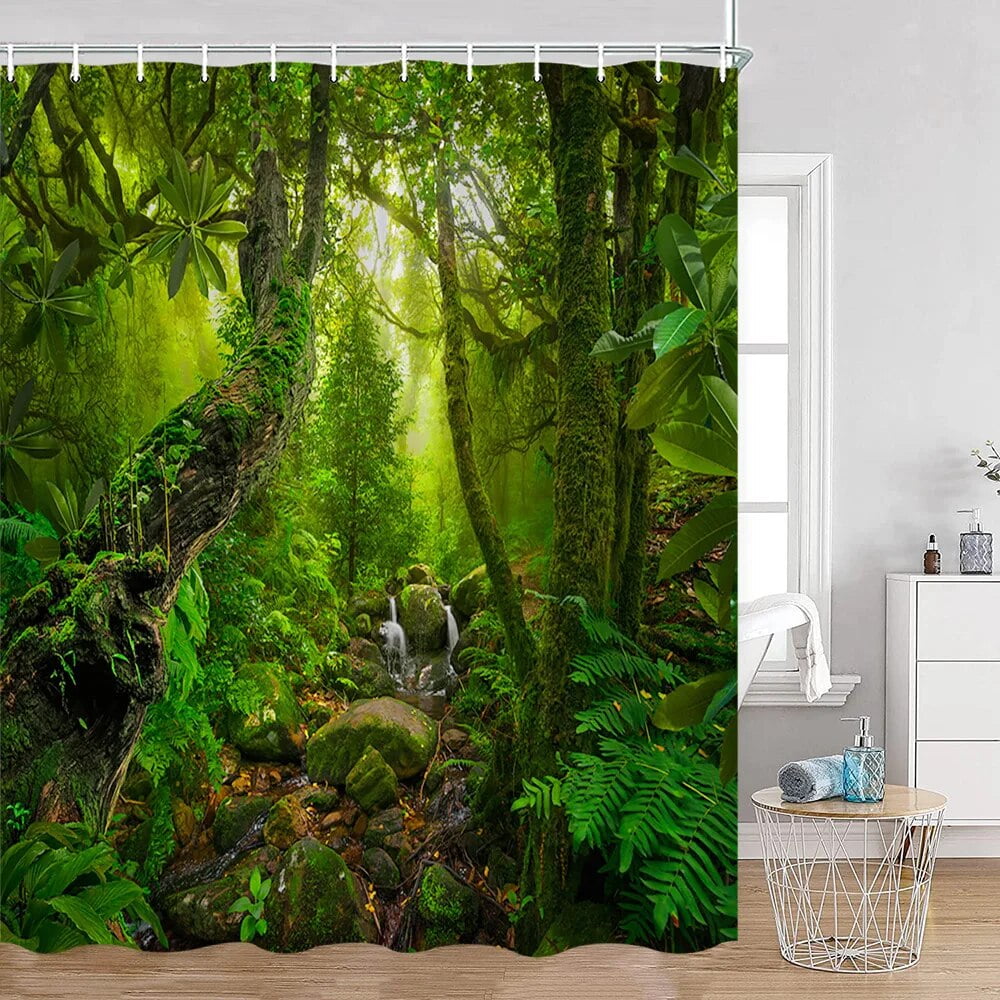 Tropical Jungle Landscape Shower Curtain Forest Palm Trees Vines Plant