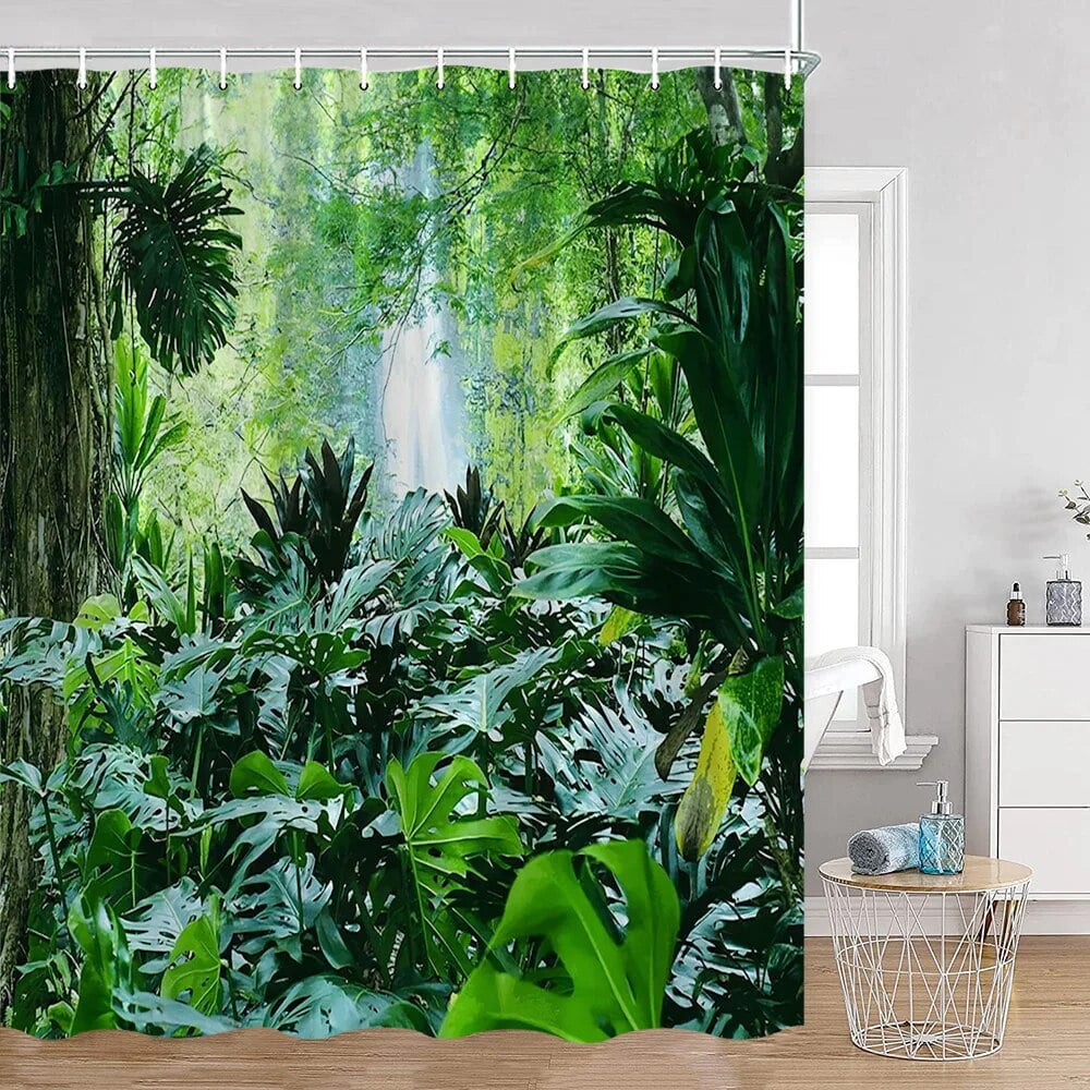 Tropical Jungle Landscape Shower Curtain Forest Palm Trees Vines Plant