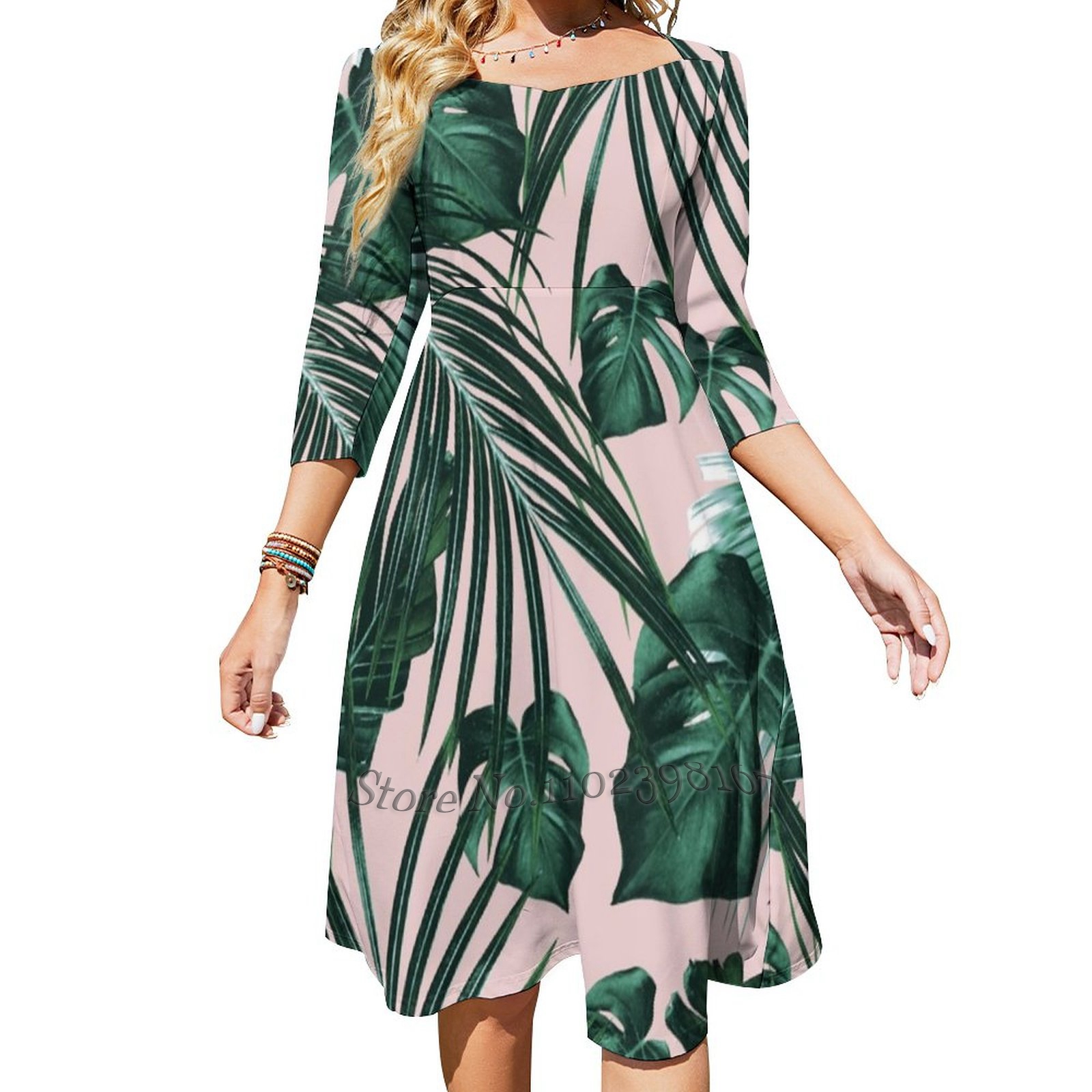 Tropical Jungle Leaves Dream 1 Tropical r Art Square Neck Dress Sweet ...