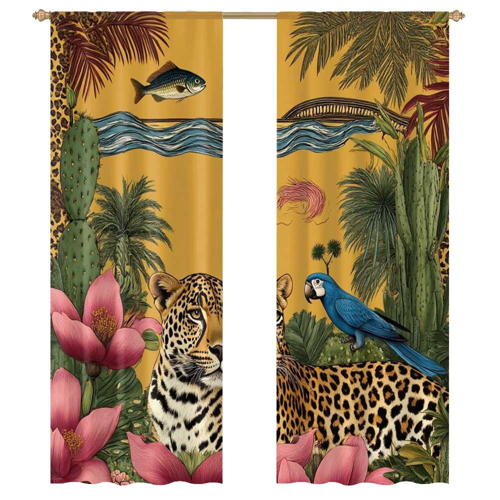 Tropical Jungle Leopard Parrot Fish Sheer Voile Curtain Window Tulle ...