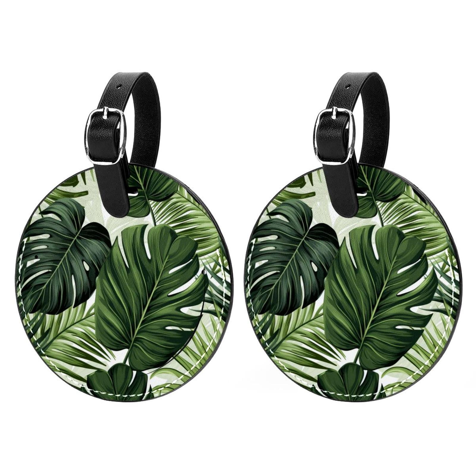 Tropical Jungle Palm Leaves 2pcs PU Leather Round Bag Tags with Privacy ...