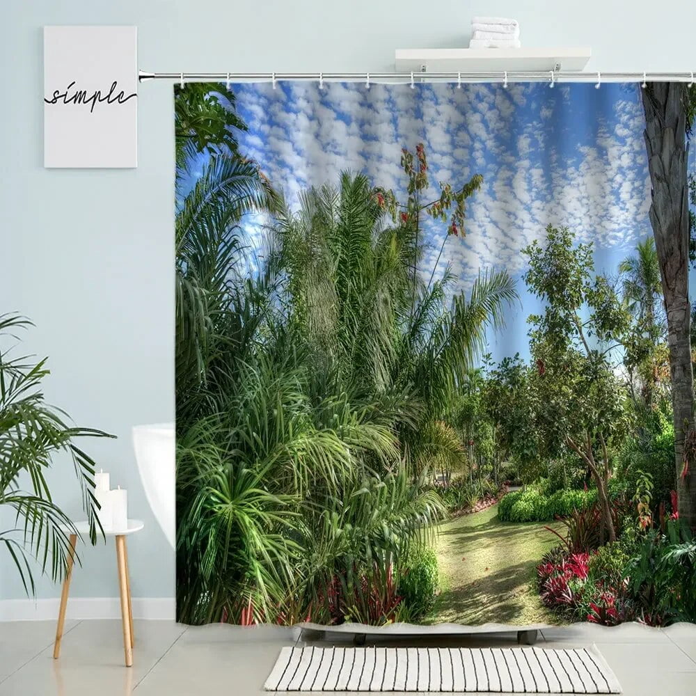 Tropical Jungle Scenery Shower Curtain Waterfall Forest Palm Leaf Green ...