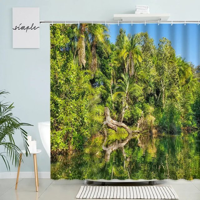 Tropical Jungle Scenery Shower Curtain Waterfall Forest Palm Leaf Green
