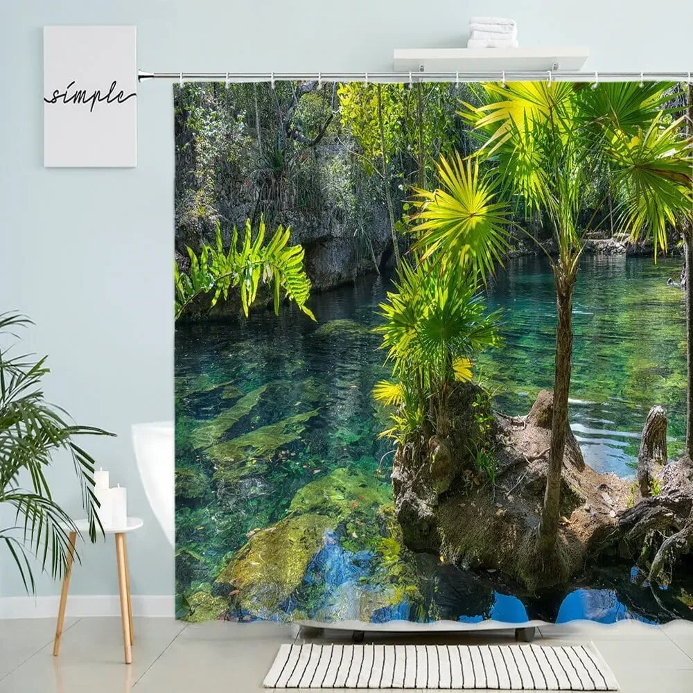 Tropical Jungle Scenery Shower Curtain Waterfall Forest Palm Leaf Green ...