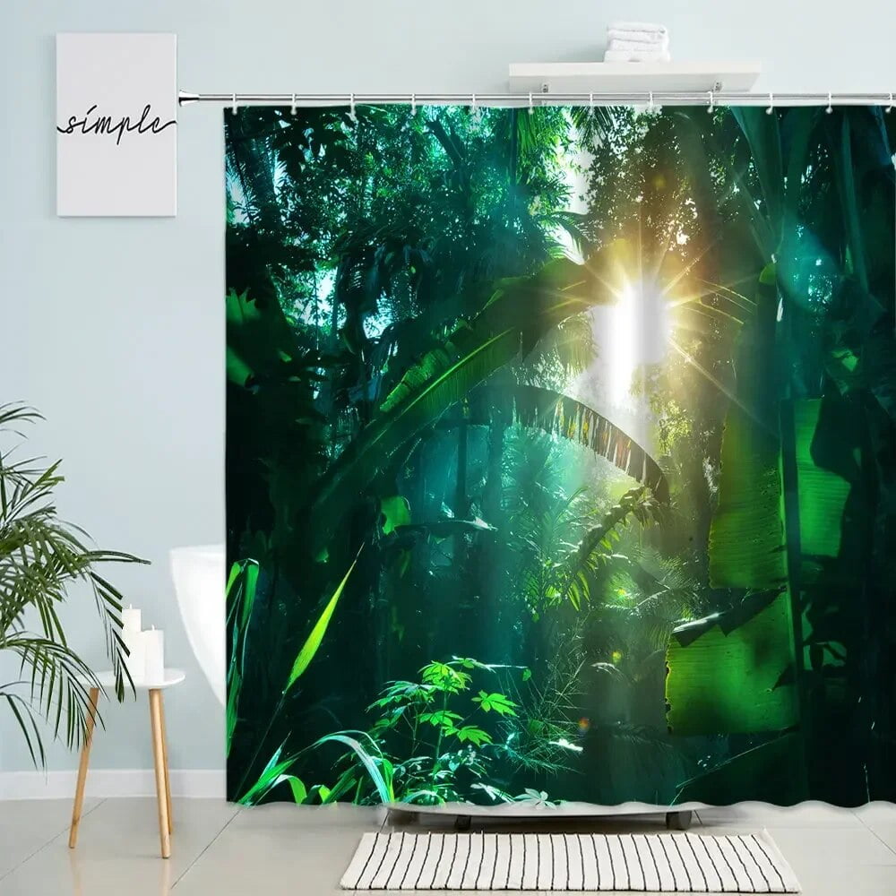 Tropical Jungle Scenery Shower Curtain Waterfall Forest Palm Leaf Green ...