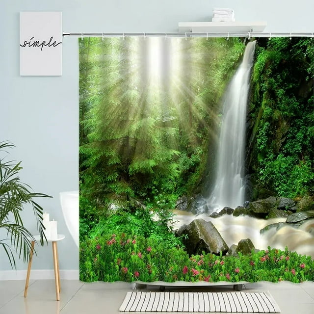 Tropical Jungle Scenery Shower Curtain Waterfall Forest Palm Leaf Green