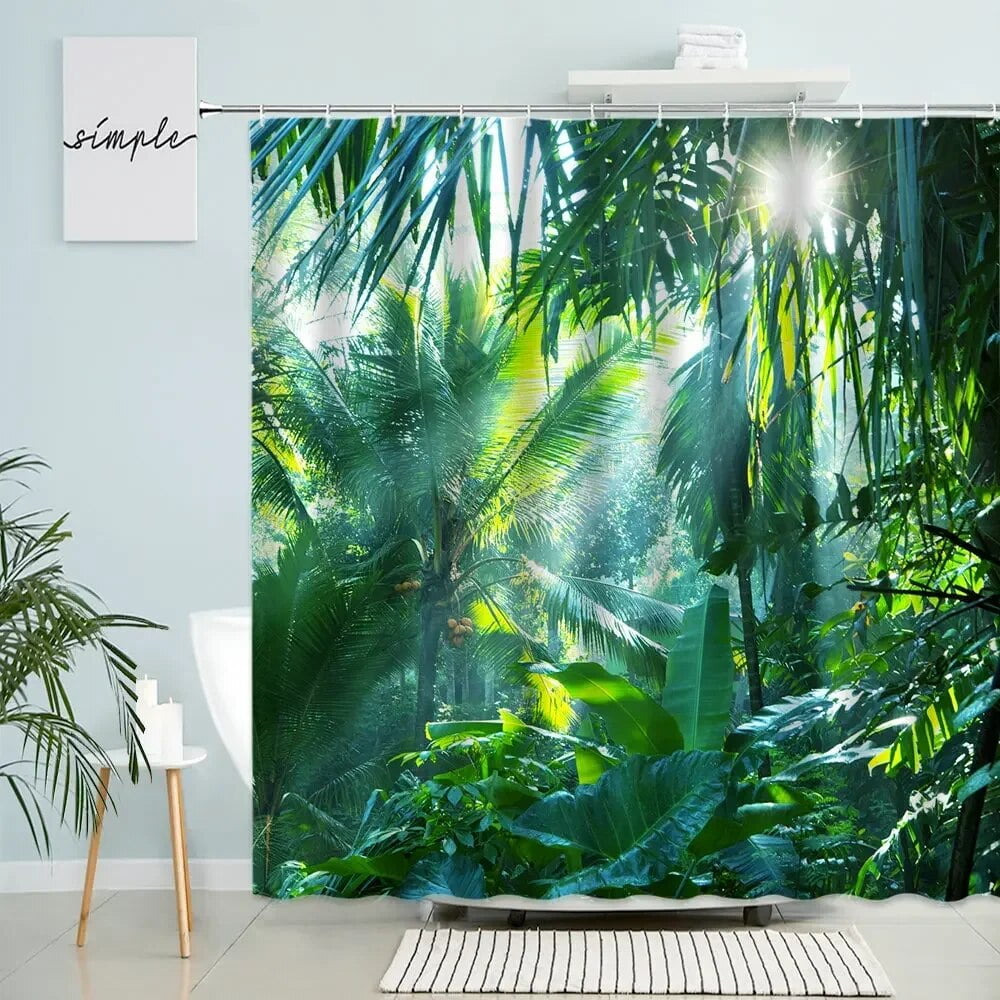 Tropical Jungle Scenery Shower Curtain Waterfall Forest Palm Leaf Green ...
