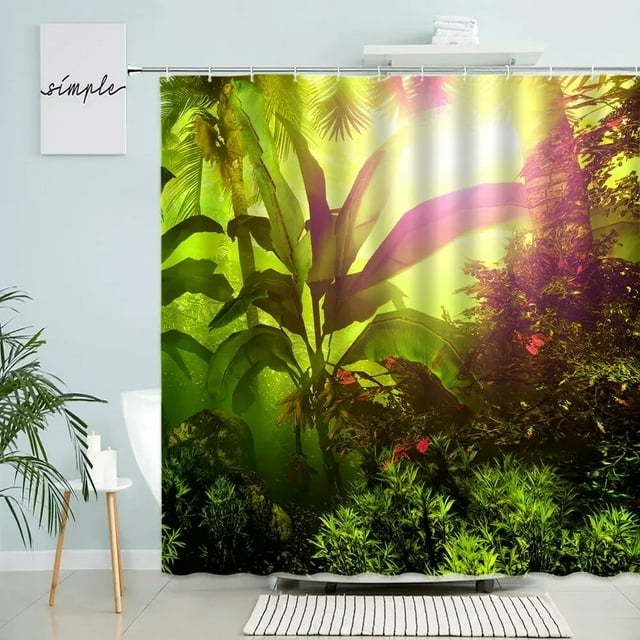 Tropical Jungle Scenery Shower Curtain Waterfall Forest Palm Leaf Green