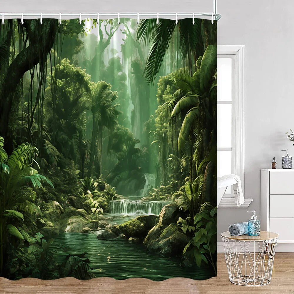 Tropical Jungle Shower Curtain Rainforest Plant Waterfall Spring