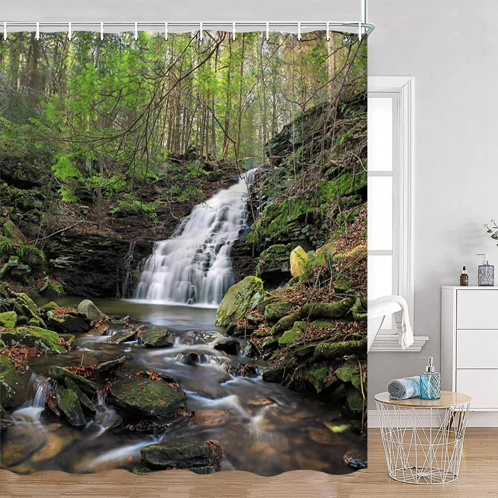 Tropical Jungle Shower Curtain Rainforest Plant Waterfall Spring