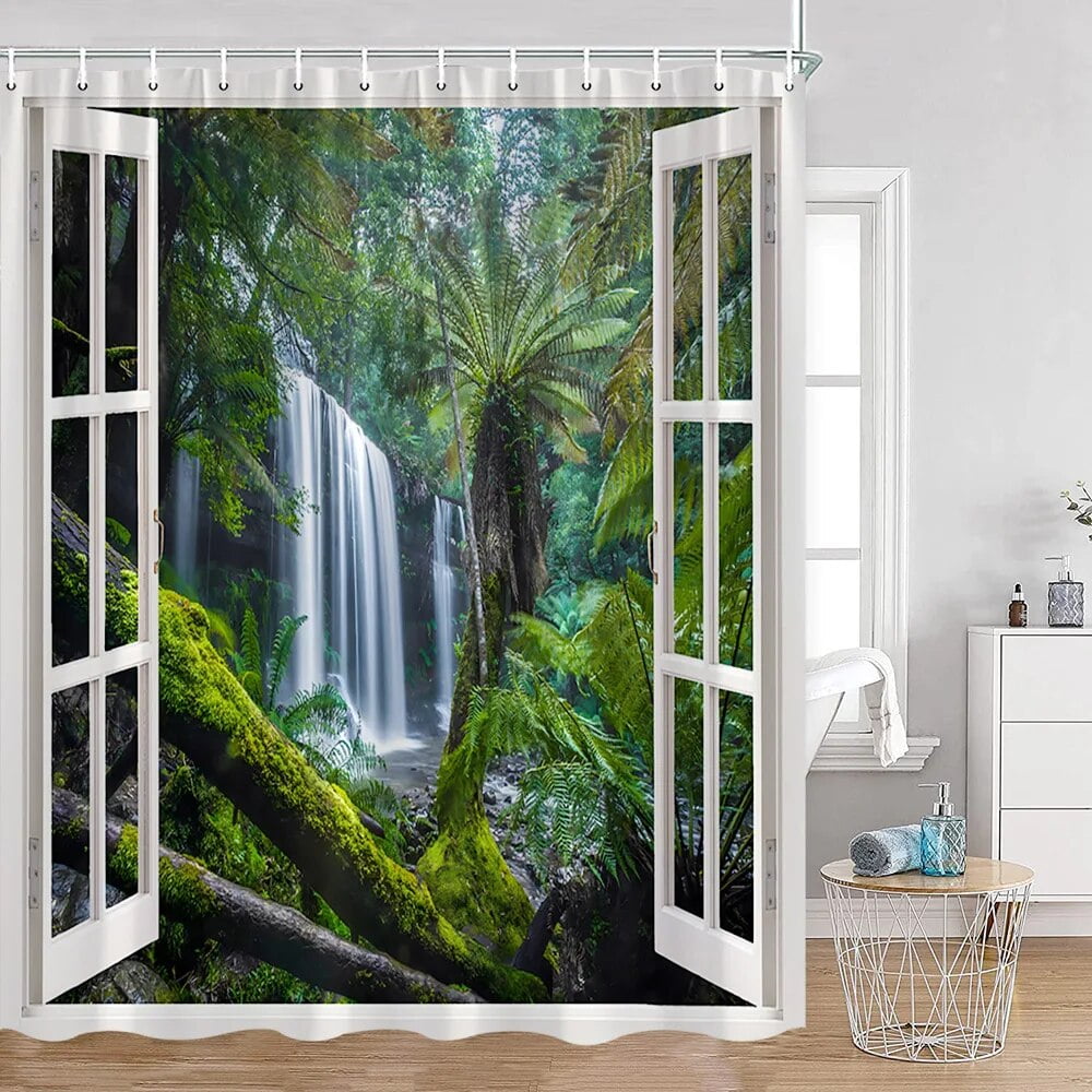 Tropical Jungle Shower Curtain Rainforest Plant Waterfall Spring