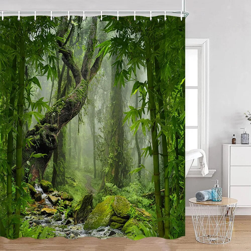 Tropical Jungle Shower Curtain Rainforest Plant Waterfall Spring ...