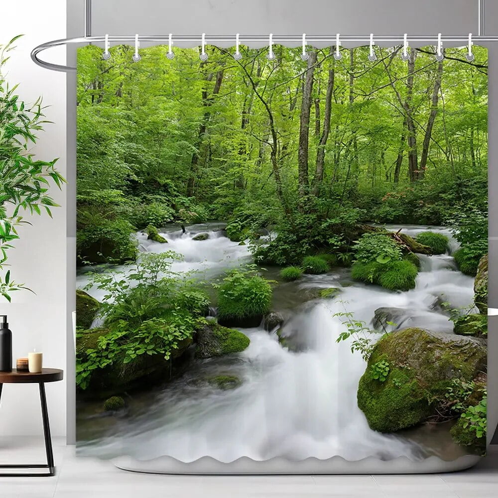 Tropical Jungle Shower Curtain Rainforest Plant Waterfall Spring