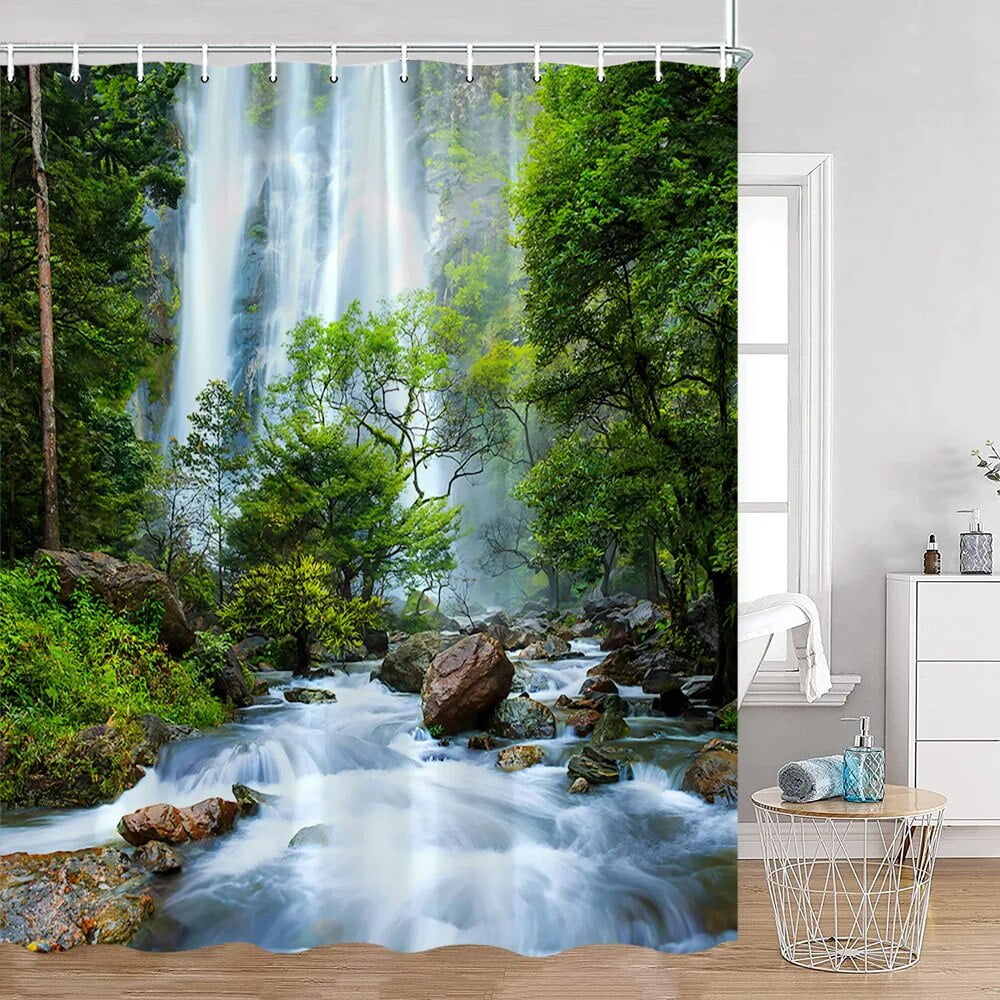 Tropical Jungle Shower Curtain Rainforest Plant Waterfall Spring