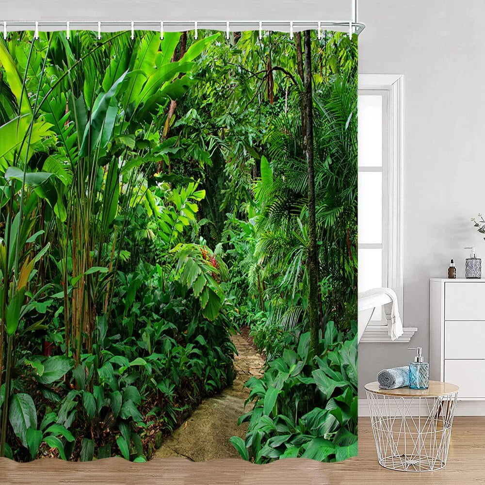 Tropical Jungle Shower Curtain Rainforest Plant Waterfall Spring