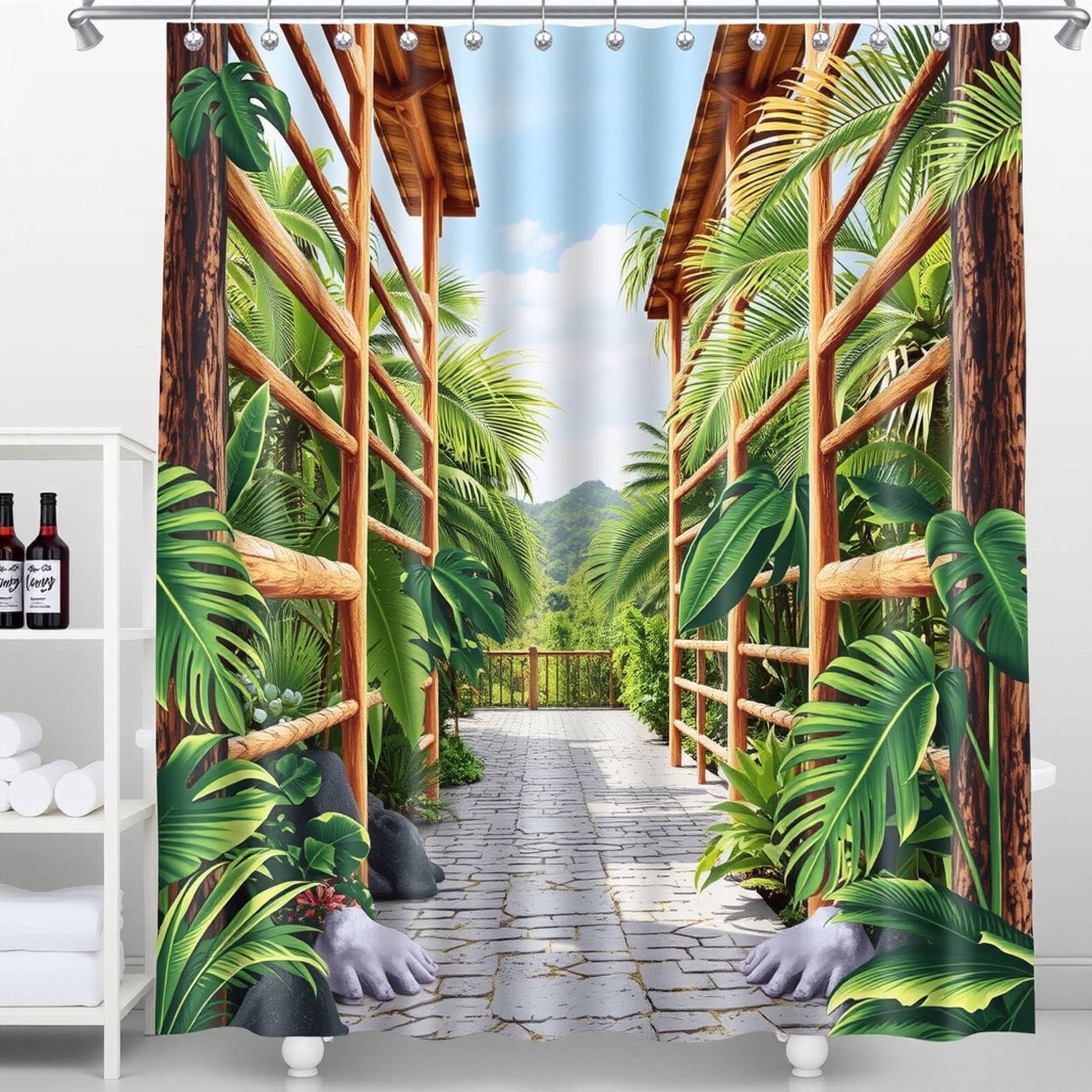 Tropical Jungle Shower Curtain - Trees & Wooden Walkway Design ...
