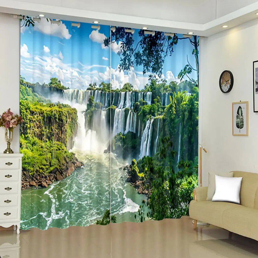 Tropical Jungle Waterfall Curtain Fantasy Mountain Rainforest Pongee ...