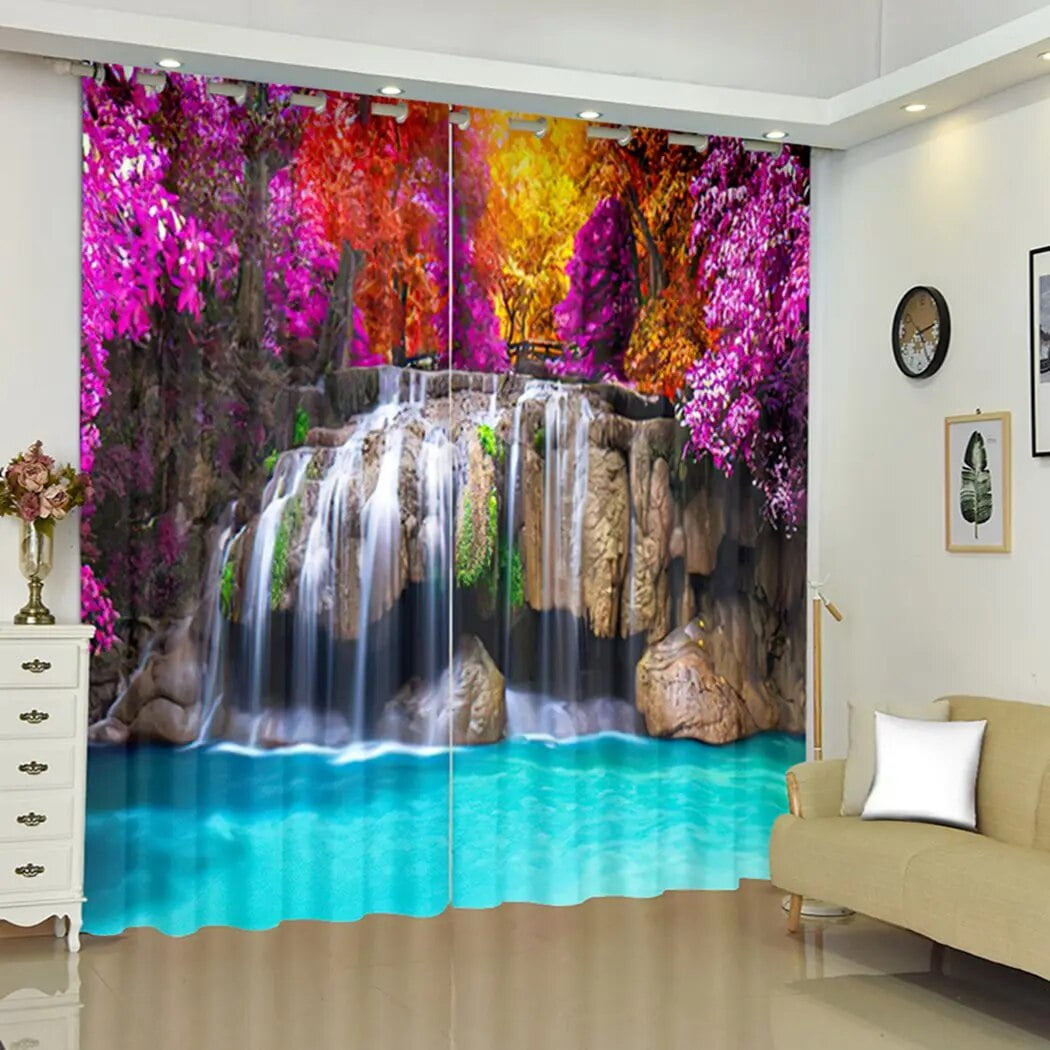 Tropical Jungle Waterfall Curtain Fantasy Mountain Rainforest Pongee ...