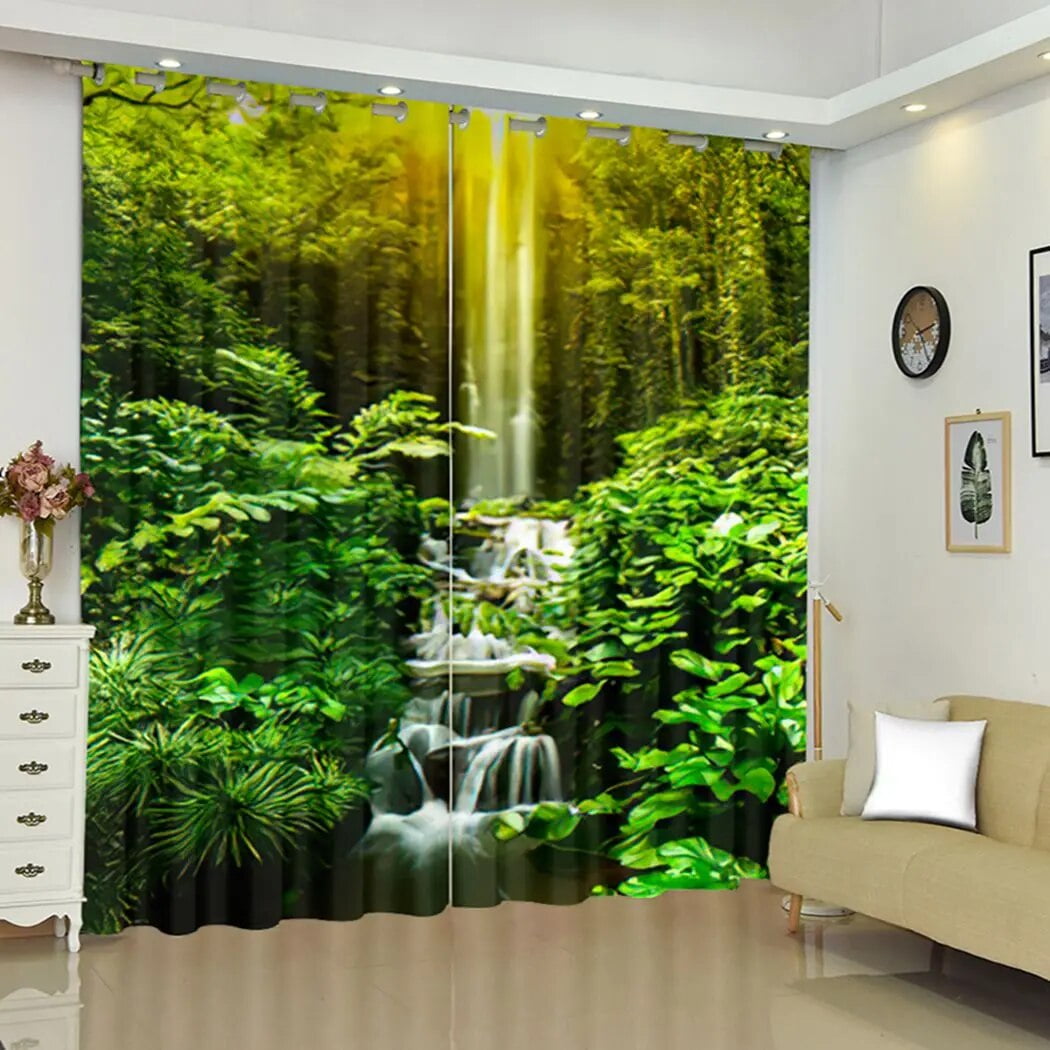 Tropical Jungle Waterfall Curtain Fantasy Mountain Rainforest Pongee ...