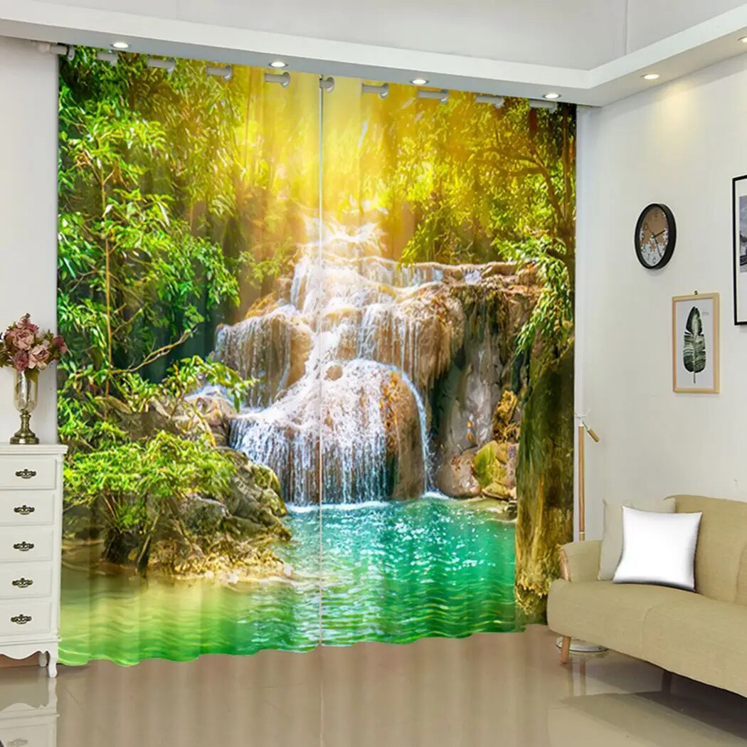 Tropical Jungle Waterfall Curtain Fantasy Mountain Rainforest Pongee ...
