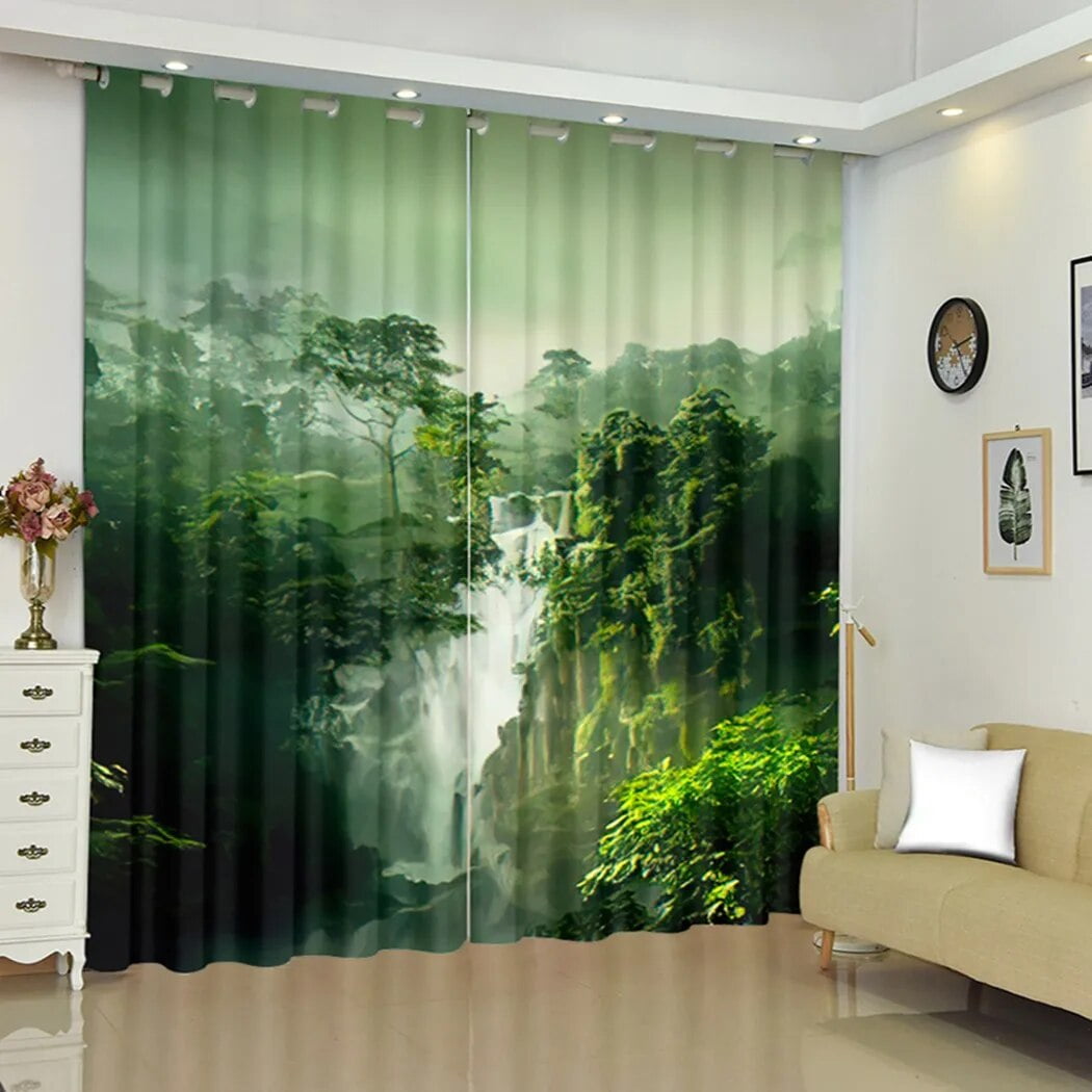 Tropical Jungle Waterfall Curtain Fantasy Mountain Rainforest Pongee ...