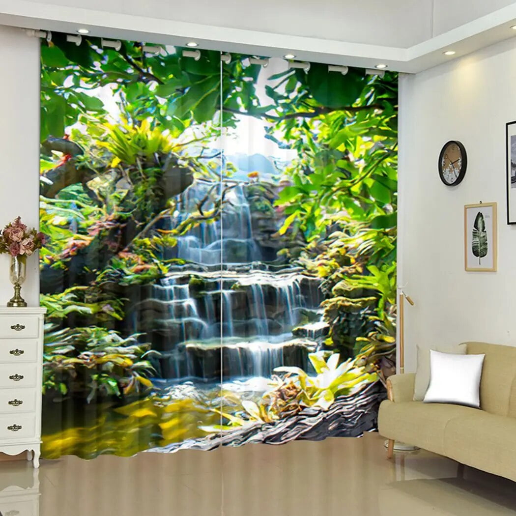Tropical Jungle Waterfall Curtain Fantasy Mountain Rainforest Pongee ...