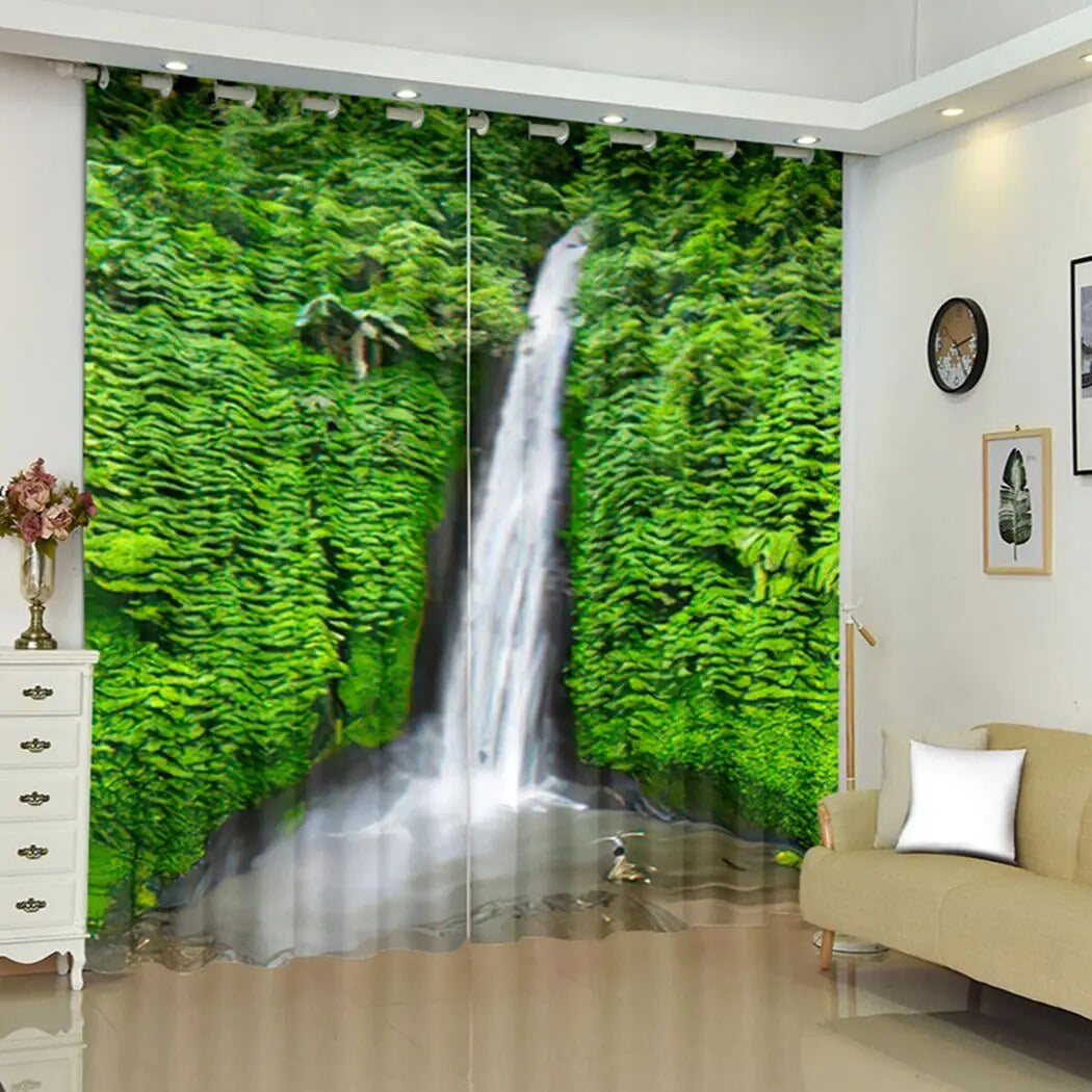Tropical Jungle Waterfall Curtain Fantasy Mountain Rainforest Pongee ...